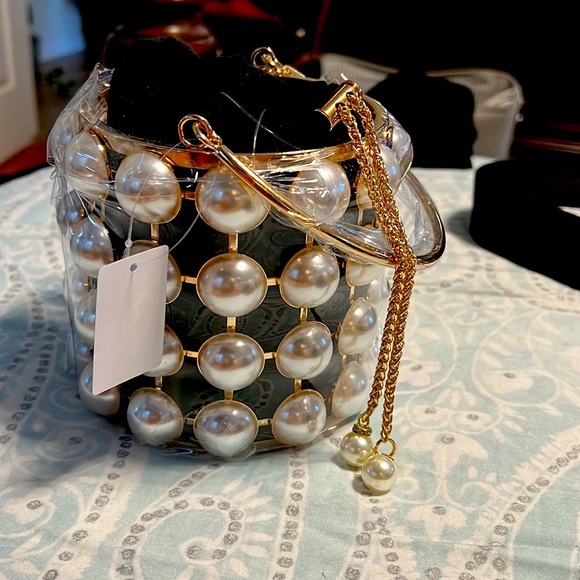 Natasha Couture | Bags | Natasha Black Gold Pearl Bucket Bag | Poshmark